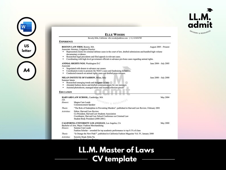 CV Law School Template | LL.M. Resume Template | J.D. Resume Template | Curriculum Vitae | Grad ...