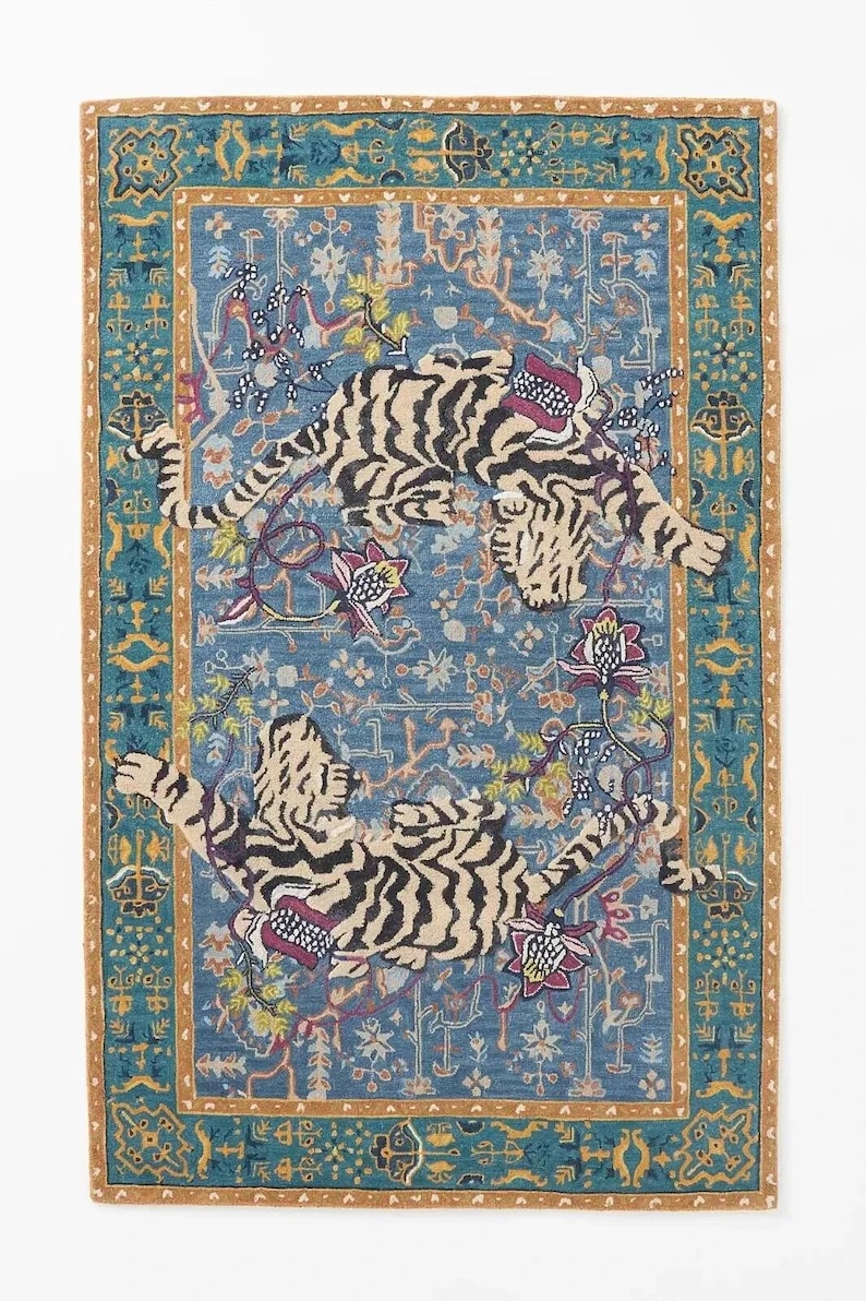 Hand-tufted Wool Tiger Rug: Blue Oriental Carpet - Etsy
