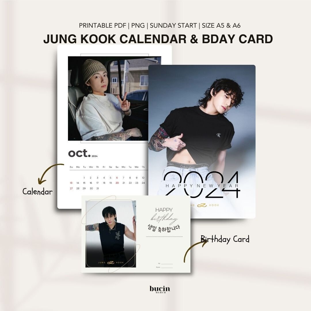 Jungkook Printable Calendar 2024 and Birthday Card BTS Jung Kook Golden ...