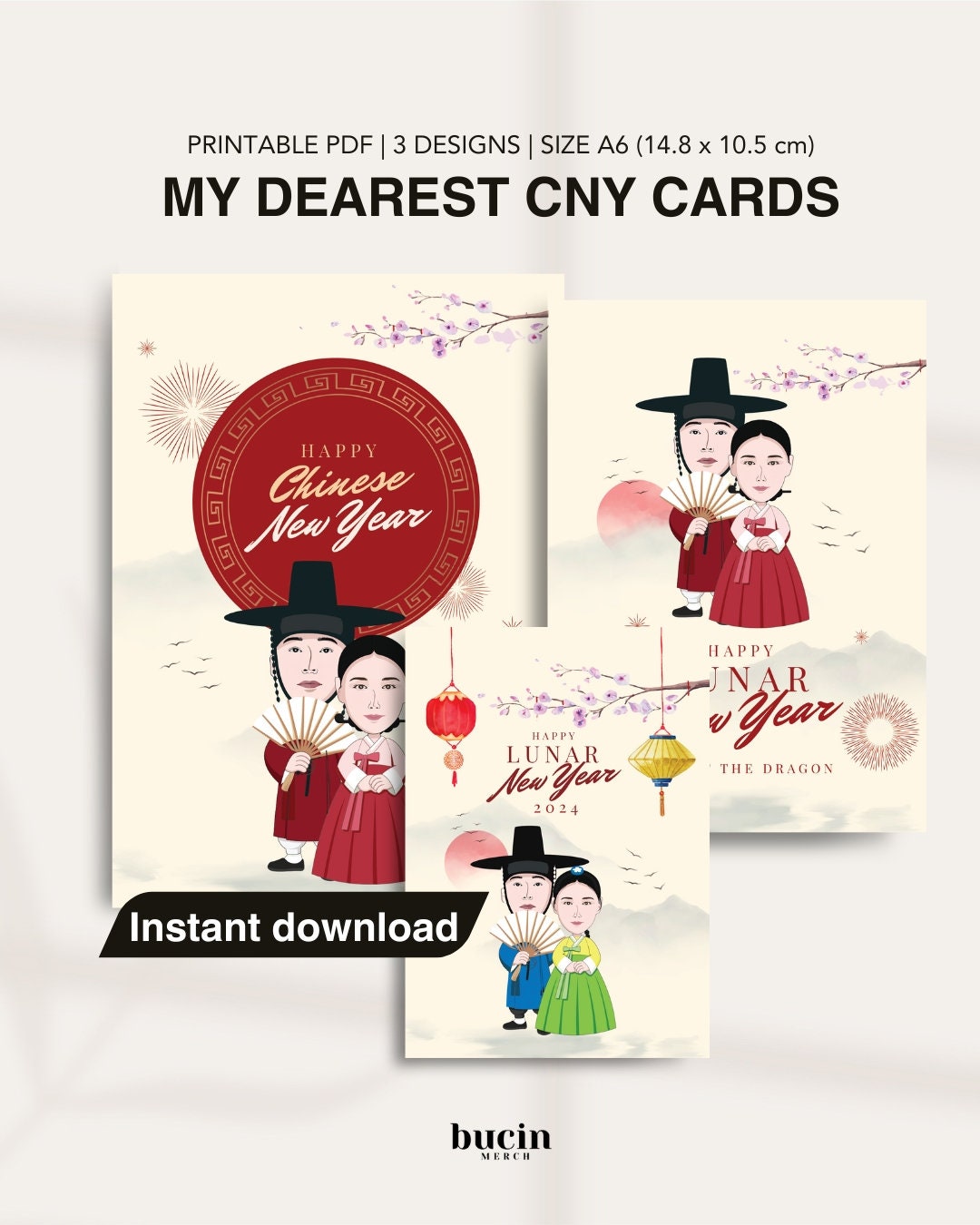 2024 Chinese New Year Card, Year of the Dragon Lunar New Year Card, Korean CNY Printable Card My ...