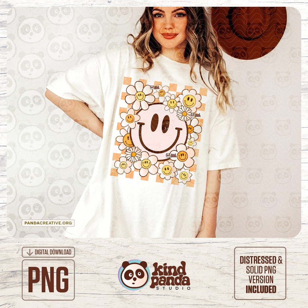 Vintage Smile Face Flowers PNG, Checkered Shirt Sublimation, Groovy ...