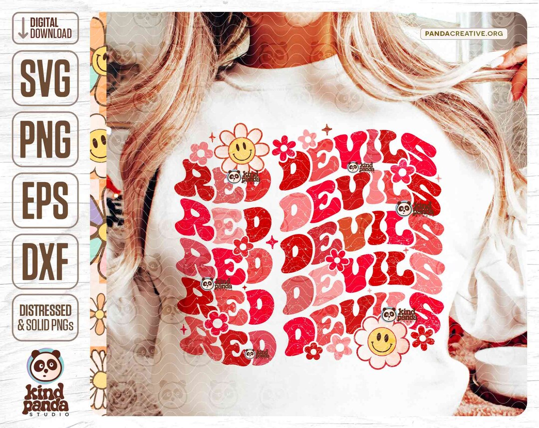 Retro Red Devils PNG SVG, Floral Mascot Sublimation, Groovy Game Day ...