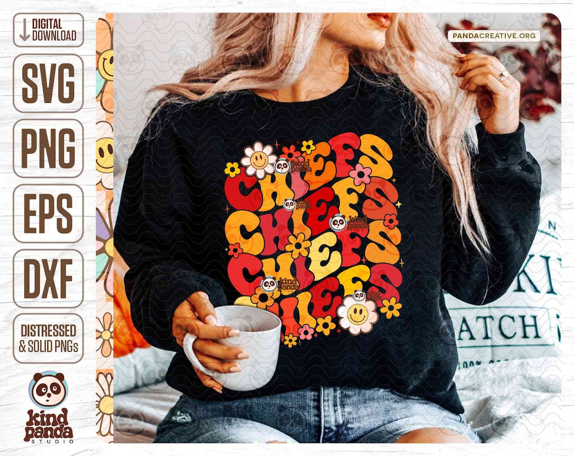 Retro Chiefs PNG SVG, Floral Mascot Shirt DTF Transfer, Groovy Game Day ...