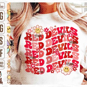 Retro Red Devils PNG SVG, Floral Mascot Sublimation, Groovy Game Day ...