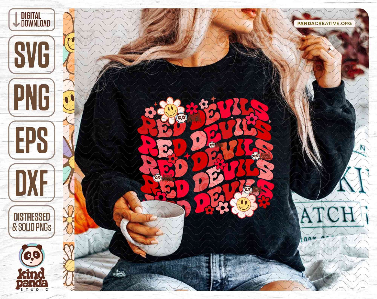 Retro Red Devils PNG SVG, Floral Mascot Sublimation, Groovy Game Day ...