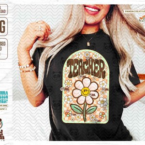 Vintage Smile Teacher PNG, Happy Daisy Teacher Shirt DTF Transfer ...