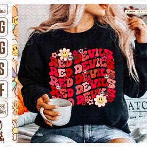 Retro Red Devils PNG SVG, Floral Mascot Sublimation, Groovy Game Day ...