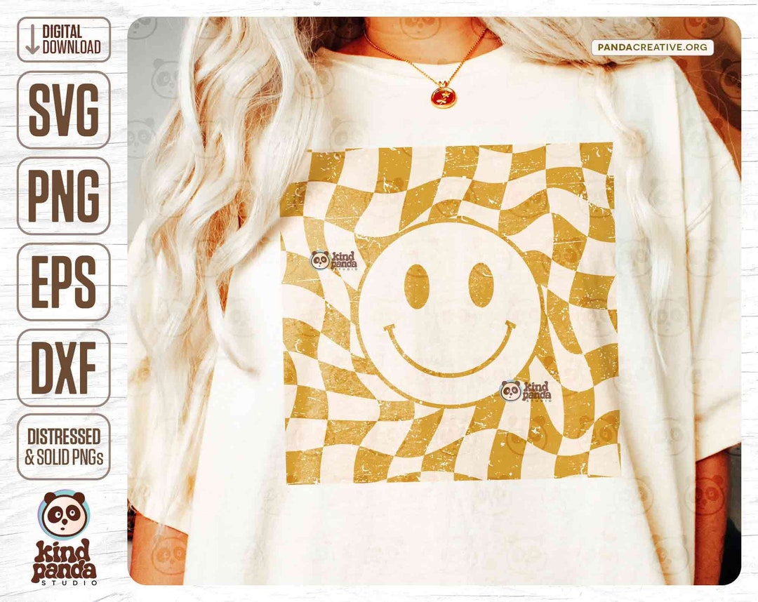 Wavy Checkered Smile Face SVG PNG Sublimation, Distressed Happy Face ...