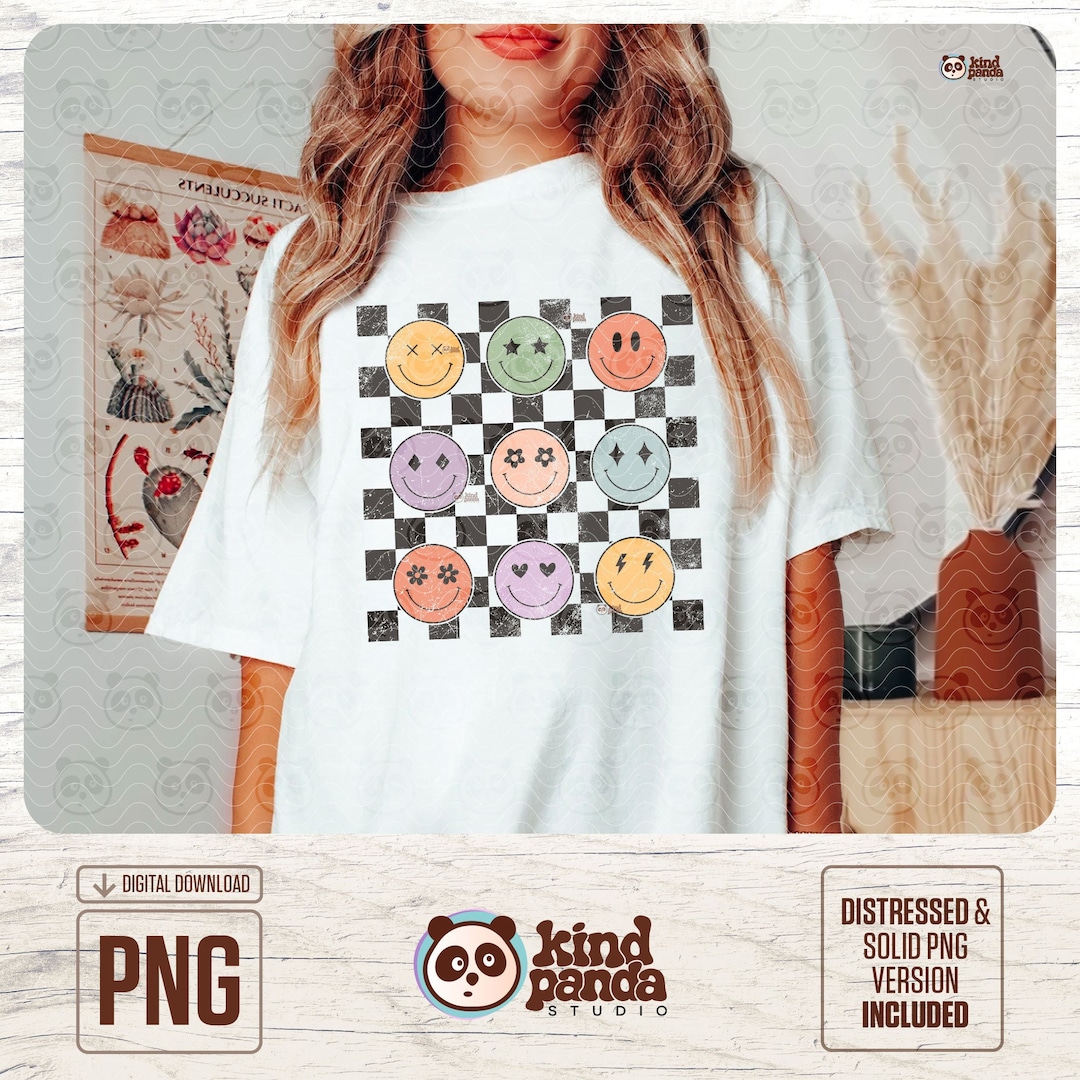 Retro Happy Face PNG, Checkered Smile Face Sublimation, Distressed ...