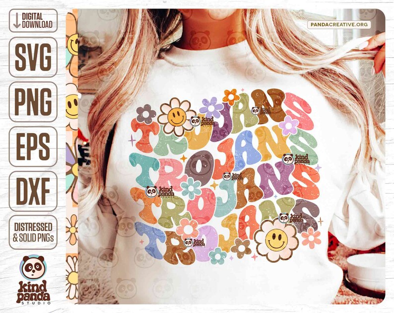 Floral Trojans SVG PNG, Retro Mascot Sublimation, Groovy Game Day Shirt ...