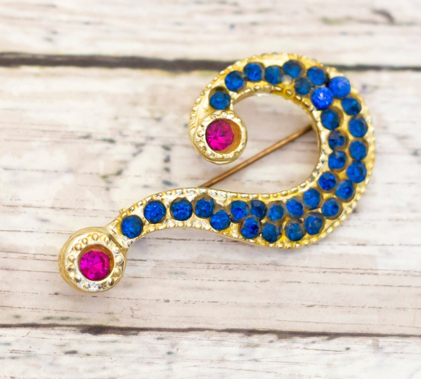 Vintage Gold Tone Question Mark Blue & Pink Rhinestones Brooch - Etsy