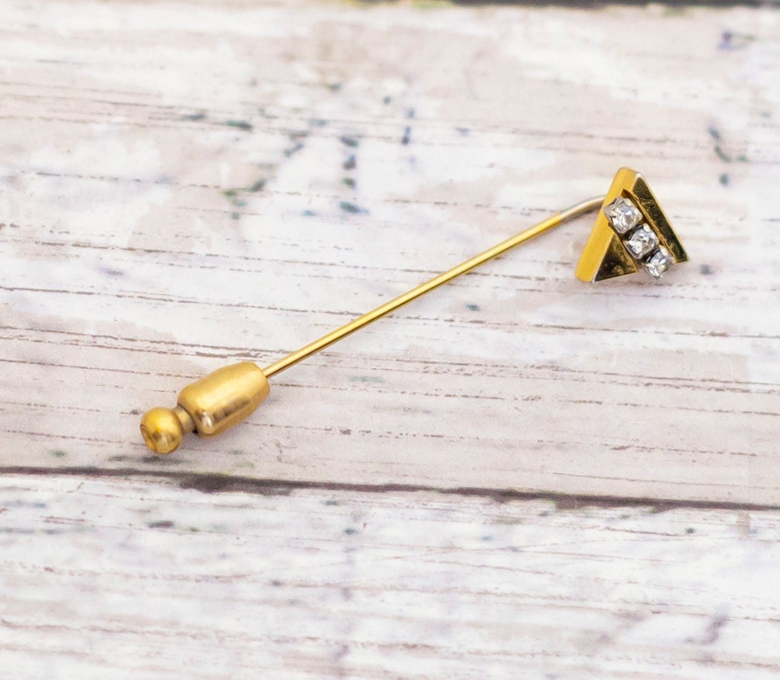 Vintage Gold Tone Geometric Pyramid Colorless Rhinestones Stick Pin ...