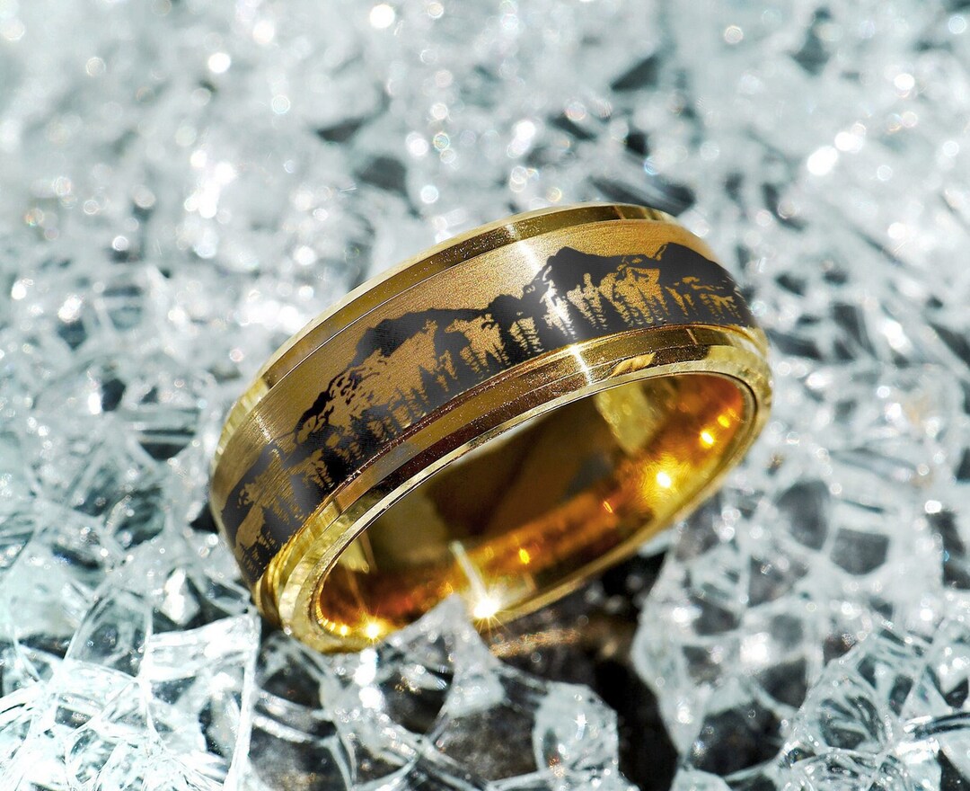 Nature Mountain Scene Wedding Band, Forest Pine Tree Wedding Ring ...