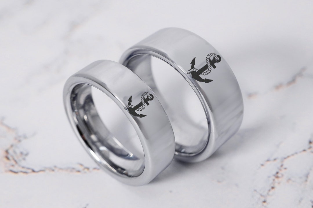 Anchor Symbol Wedding Band Ring Set, Beach Waves Engagement Ring ...