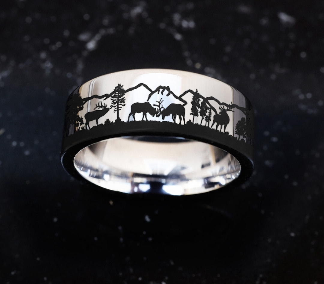 Antler Ring, Elk Wedding Bands, Elks in Mountains Forest Landscape ...