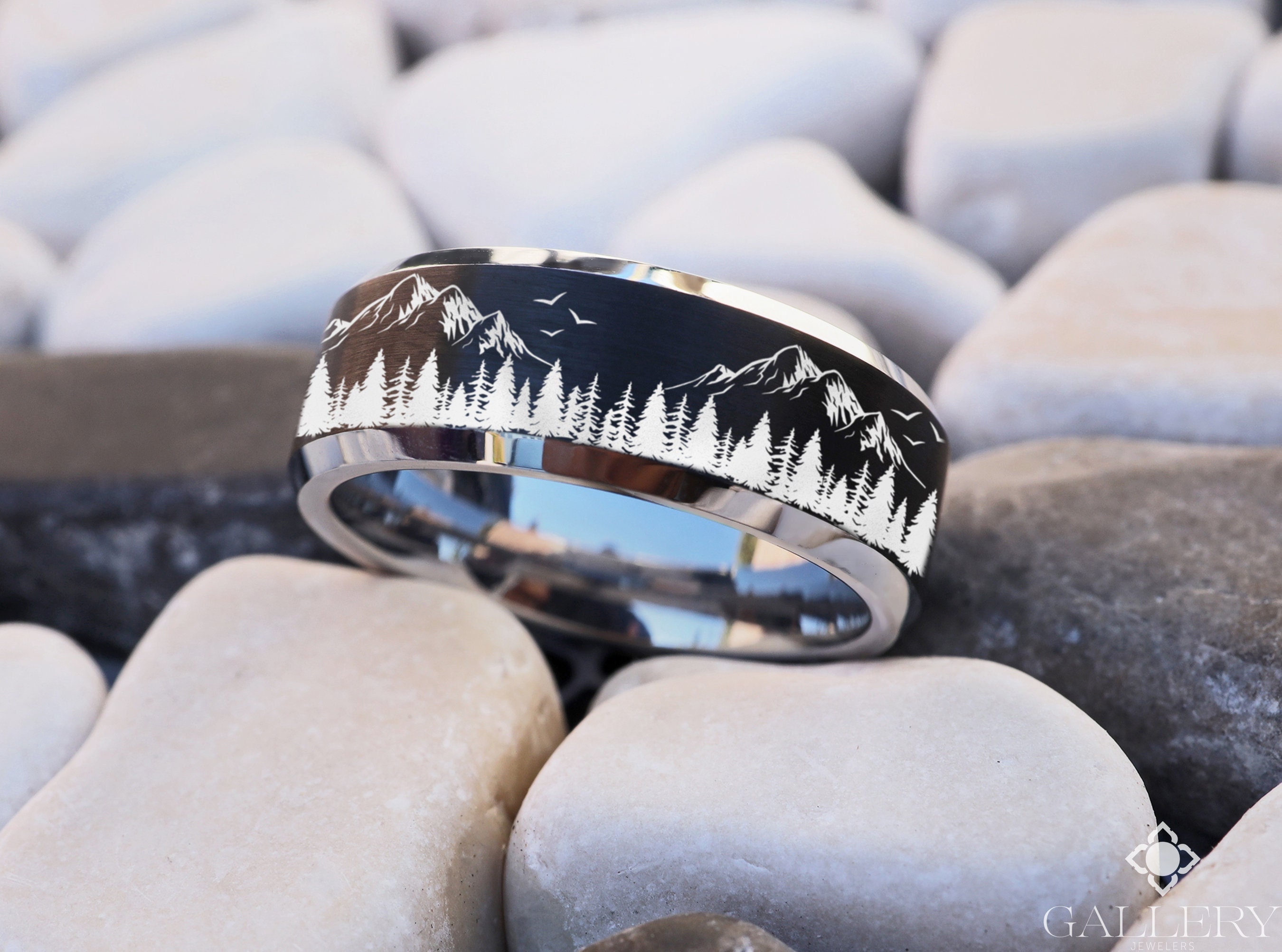 Wilderness Mountain Range Wedding Band, Pine Tree Wedding Band, Forest ...