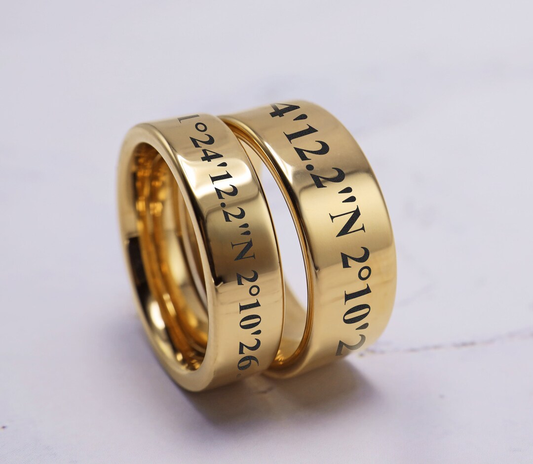 Custom Coordinates Wedding Band Ring Set, Engraved Coordinates Ring ...