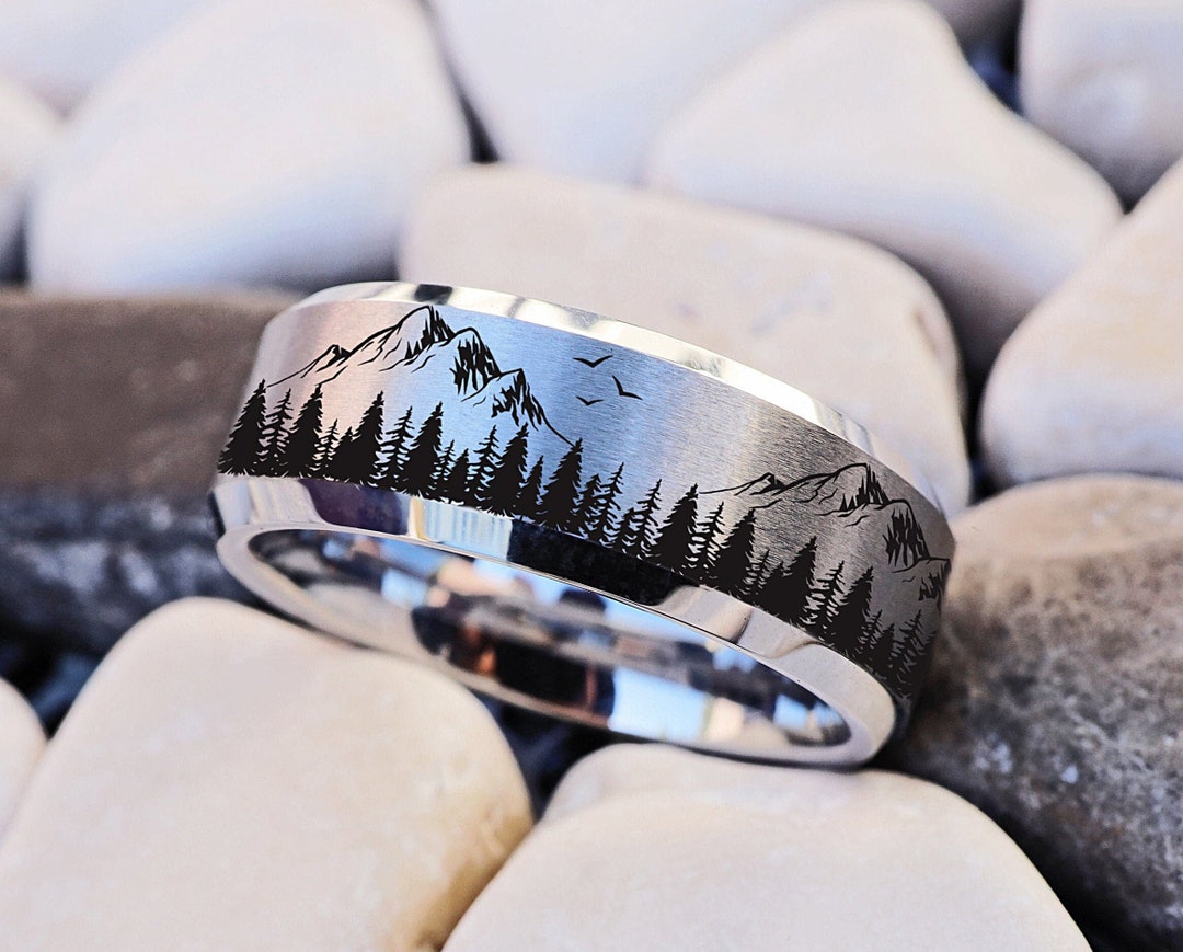 Nature Wedding Band, Tree Forest Wedding Band, Mountain Ring, Forest ...
