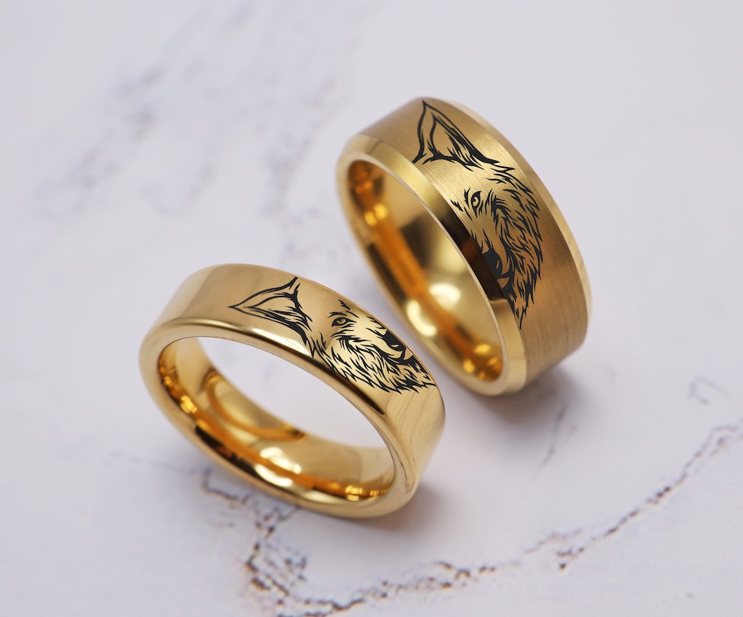 Wolf Wedding Band Ring Set, Howling Wolf Matching Rings, Wolf Jewelry ...