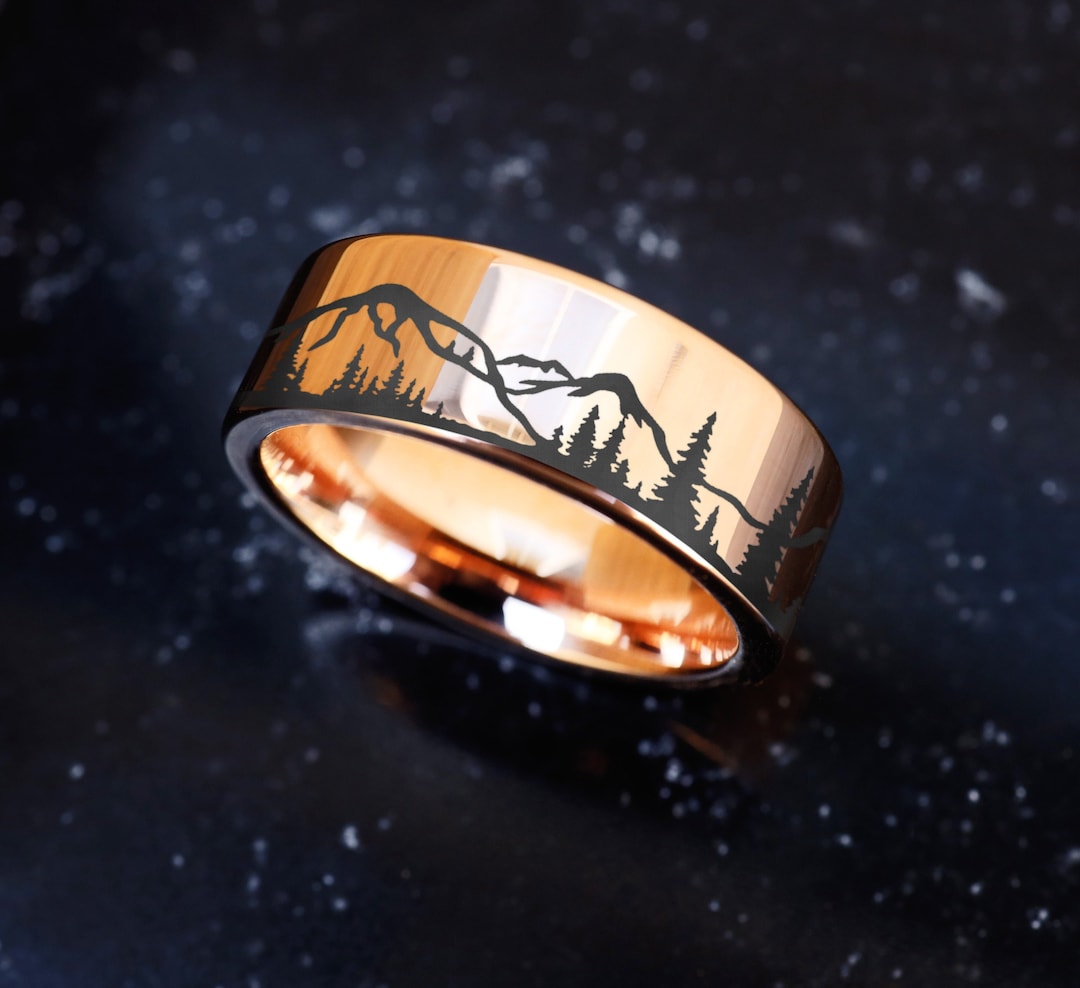 Rose Gold Mountain Scene Wedding Band, Tree Line Nature Ring, Nature ...