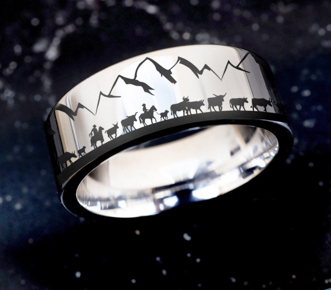 Moose Wedding Band, Wildlife Ring, Moose Elk Wedding Ring, Deer Ring, Mountain Moose Scene Band ...