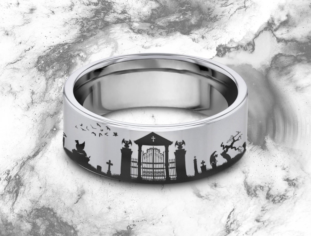 Gothic Ring, Gothic Scene Wedding Ring, Gothic Cemetery Wedding Band ...