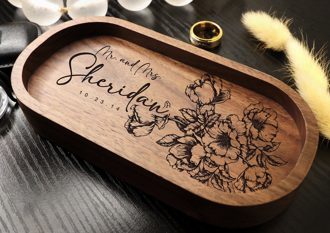 Floral Wood Wedding Ring Dish, Proposal Jewelry Tray, Engagement Ring ...