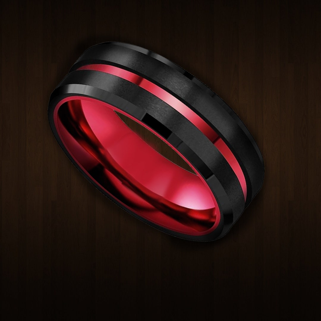 Red Wedding Ring, Black and Red Tungsten Wedding Band, Red Anniversary ...