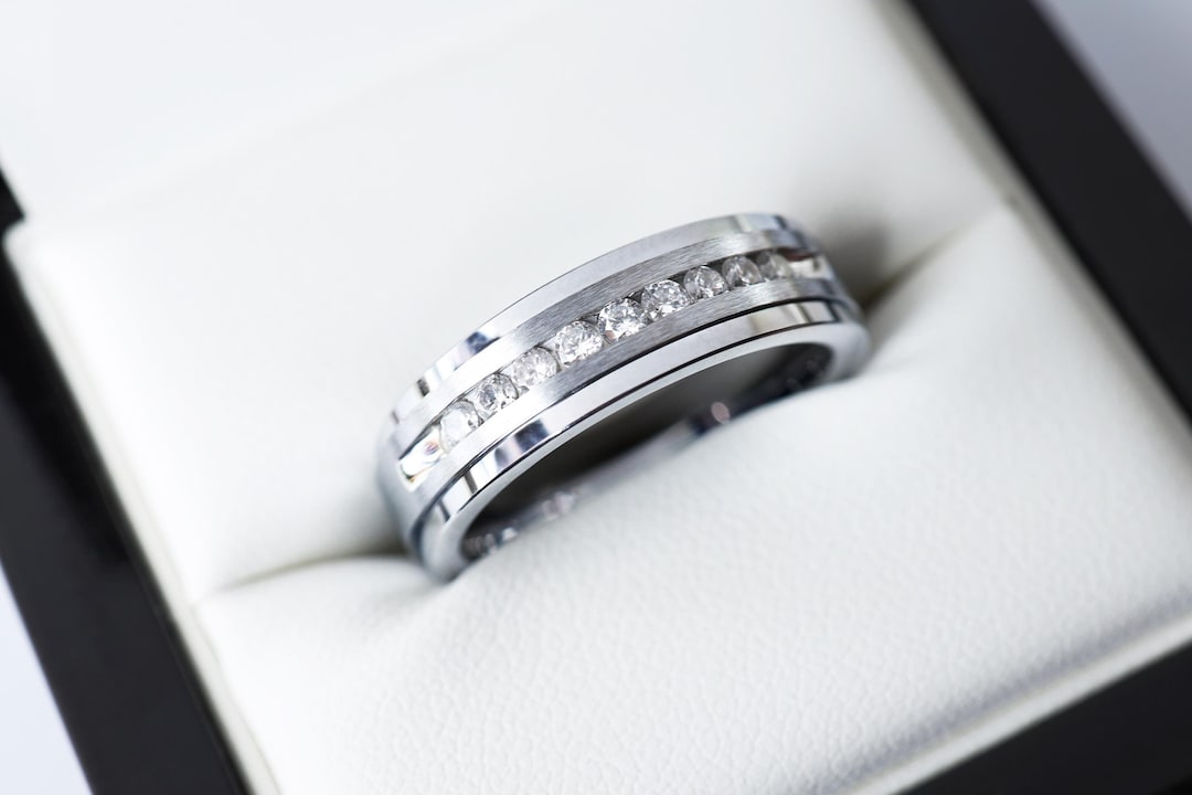 Men's Tungsten Wedding Band Rose Gold Step Edge Ring, Tension Set Ring ...