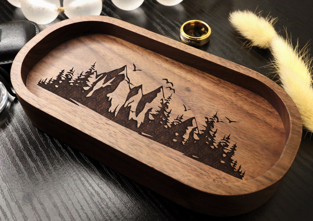 Personalized Mountain Forest Tree Birds Outdoor Trinket Tray Ring Dish ...