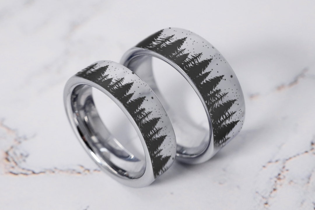 Forest Wedding Band Ring Set, Pine Tree Stars Matching Rings, Sun Moon ...