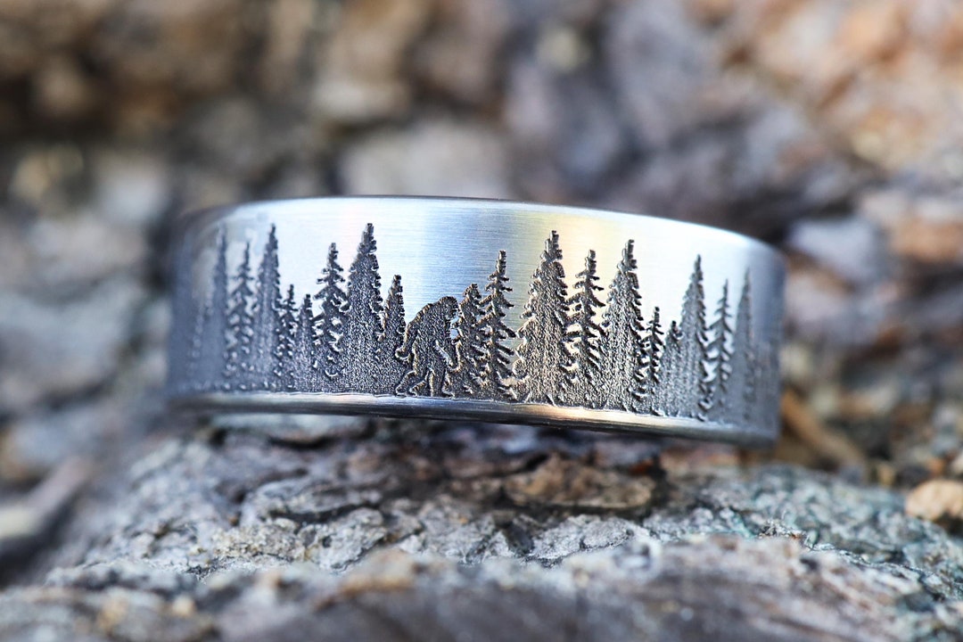 Mens Special Embossed Wedding Band, Sasquatch Tungsten Band, Bigfoot ...