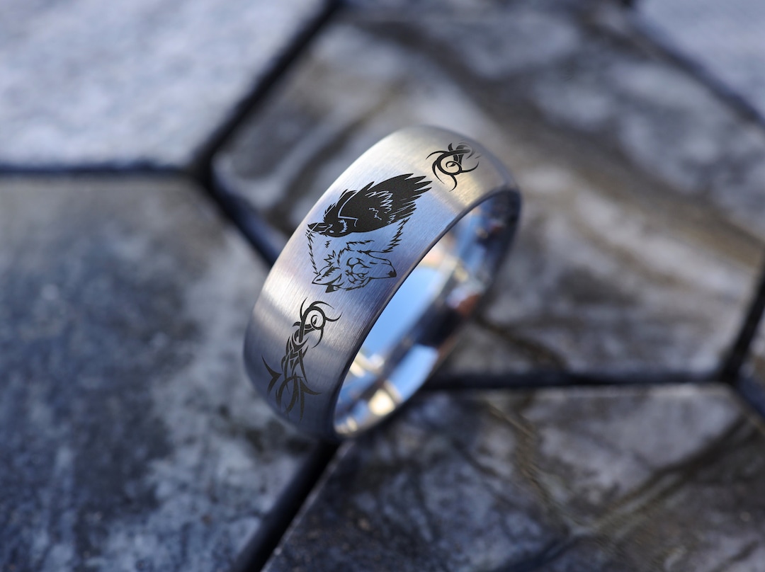 Wolf and Raven Tribal Men's Wedding Band, Wolf Raven Jewelry, Ancient ...