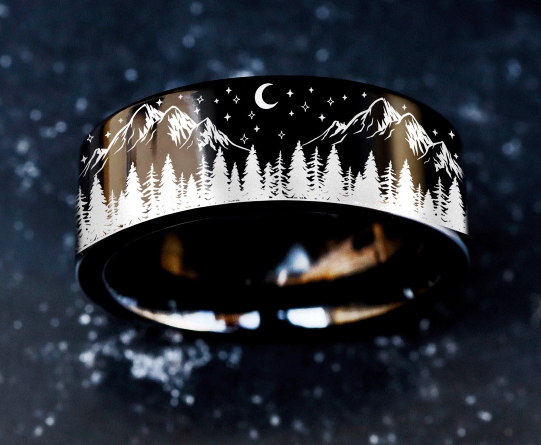 Crescent Moon Ring, Nature Wedding Ring, Tree Line Wedding Band, Forest ...