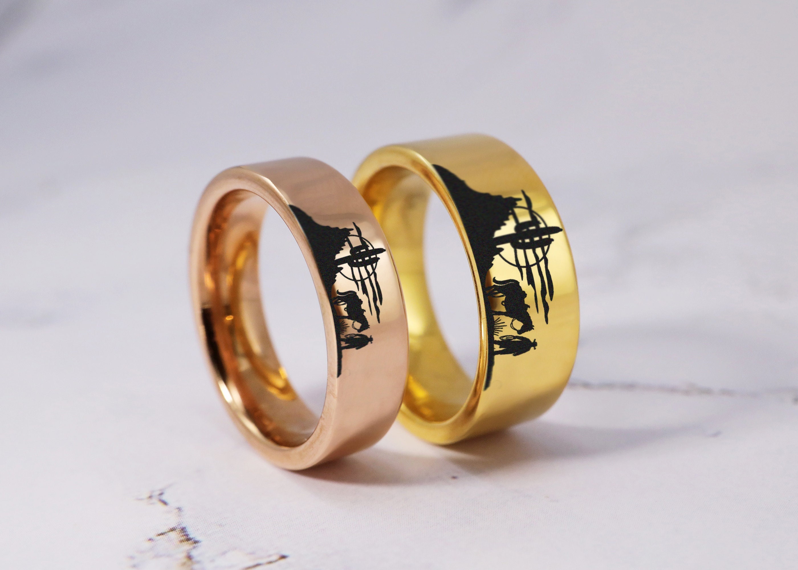 Cowboy Wedding Ring Set Western Cowboy Matching Rings - Etsy