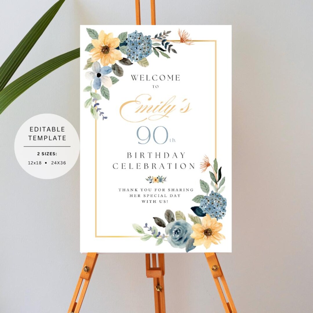 90th Birthday Welcome Sign, Editable Template, Instant Download, Edit ...