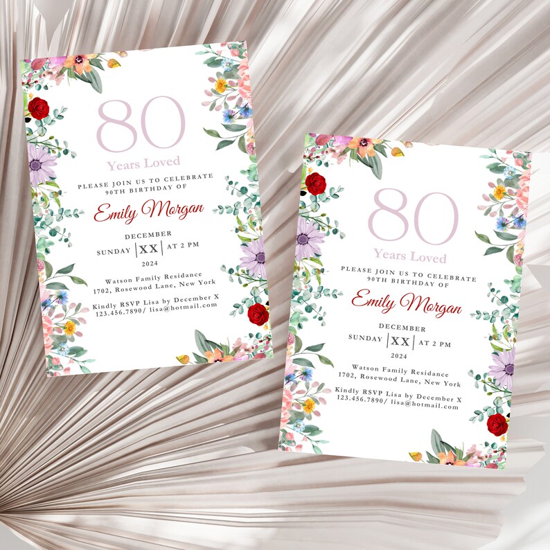 80th Birthday Invitation, Colorful Floral Eightieth Card E-invite 5X7 ...