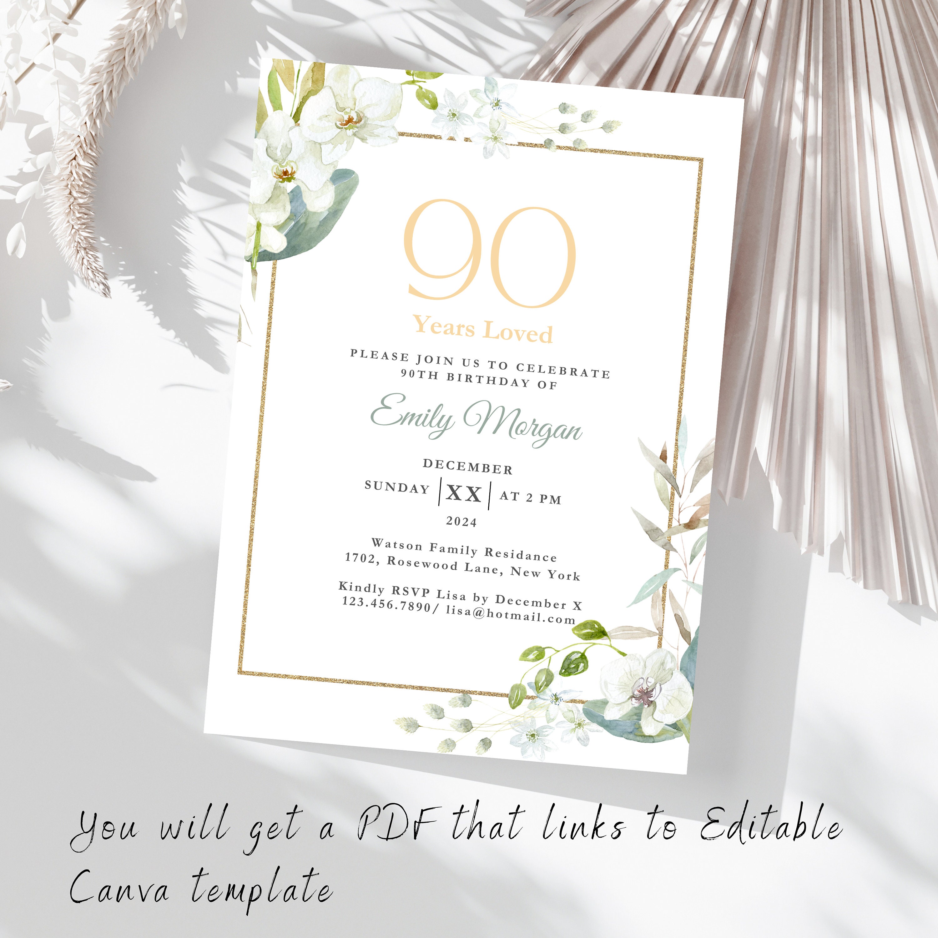 90th Birthday Invitation, Golden White Ninetieth Birthday Card Invite ...