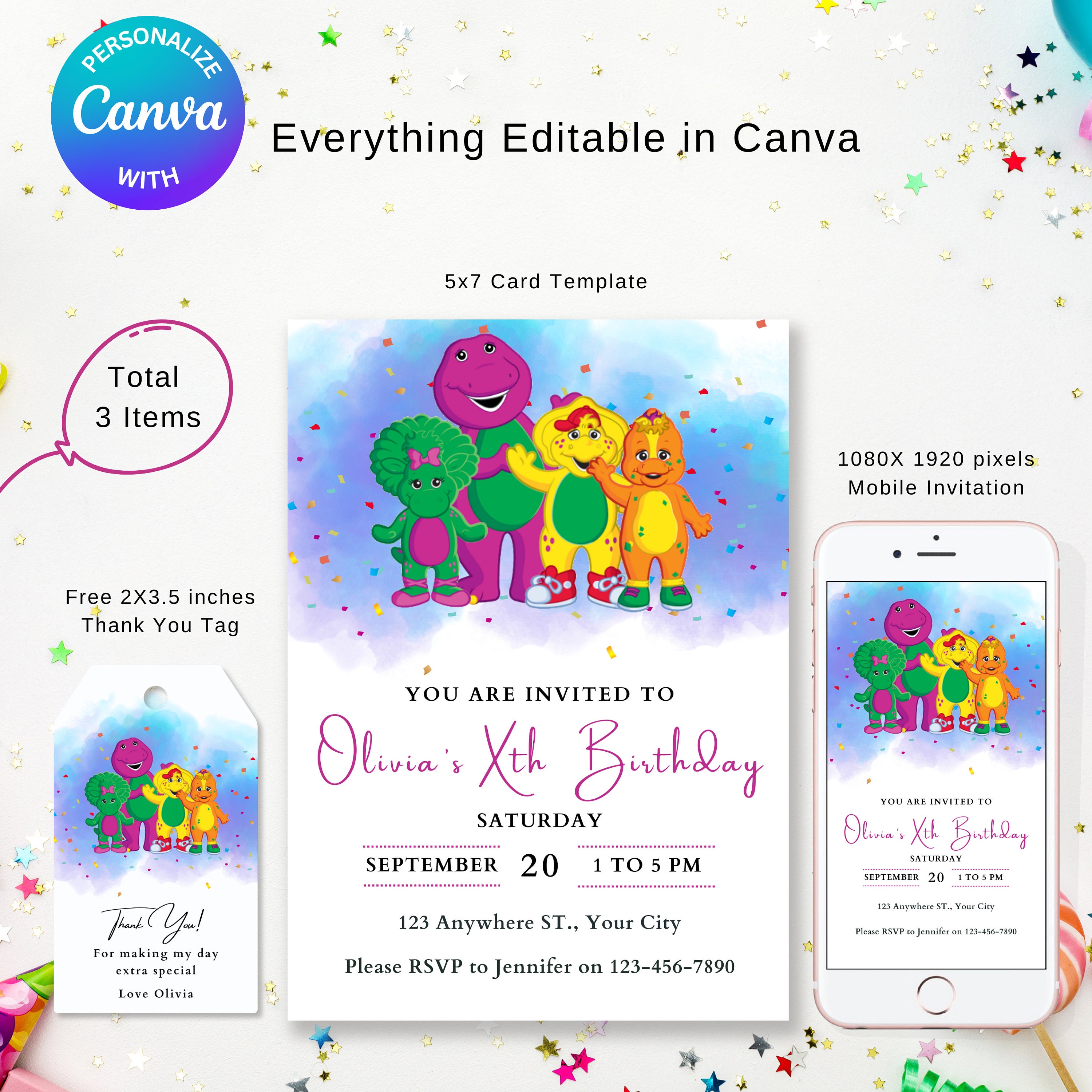 Barney Birthday Invitation, Purple Dinosaur Birthday Card, DIY Canva ...