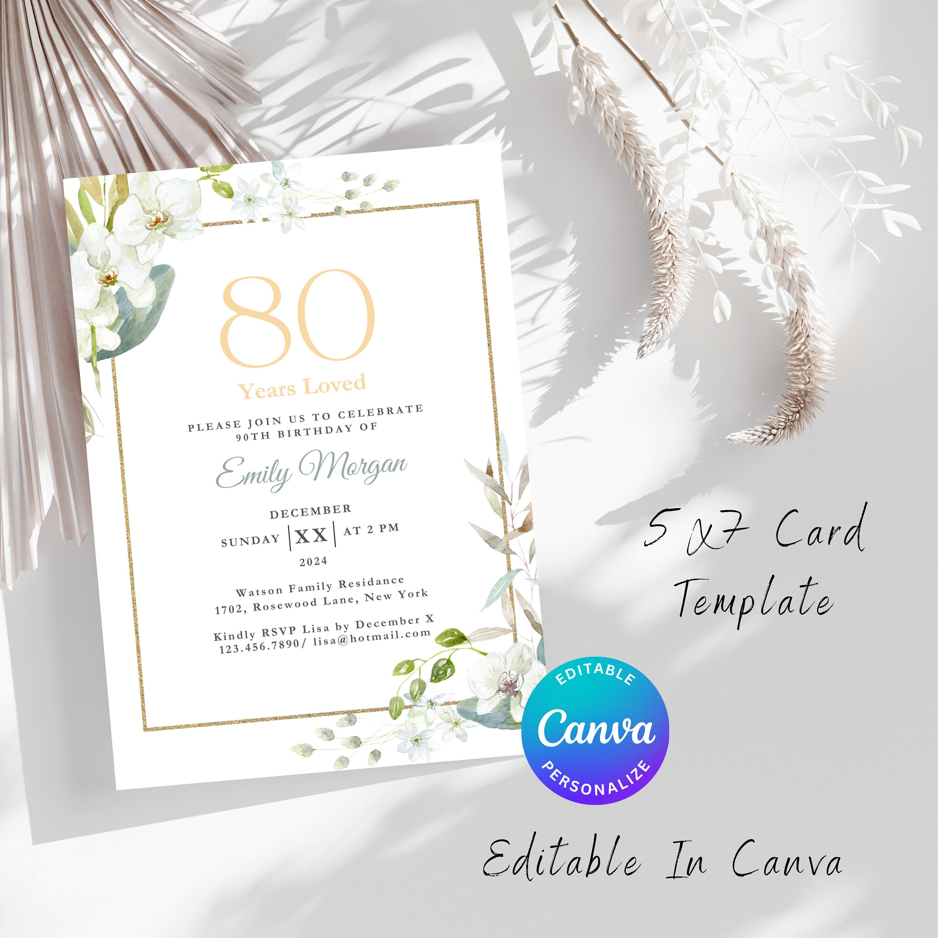 80th Birthday Invitation, White Floral Eightieth Card E-invite 5X7, 80s ...