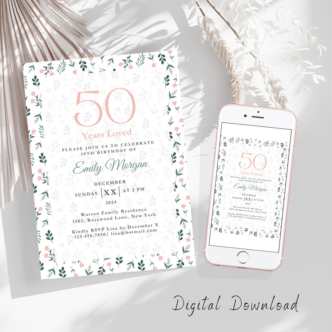 50th Birthday Invitation, Floral Pink Fiftieth Card E-invite 5X7, 50s ...