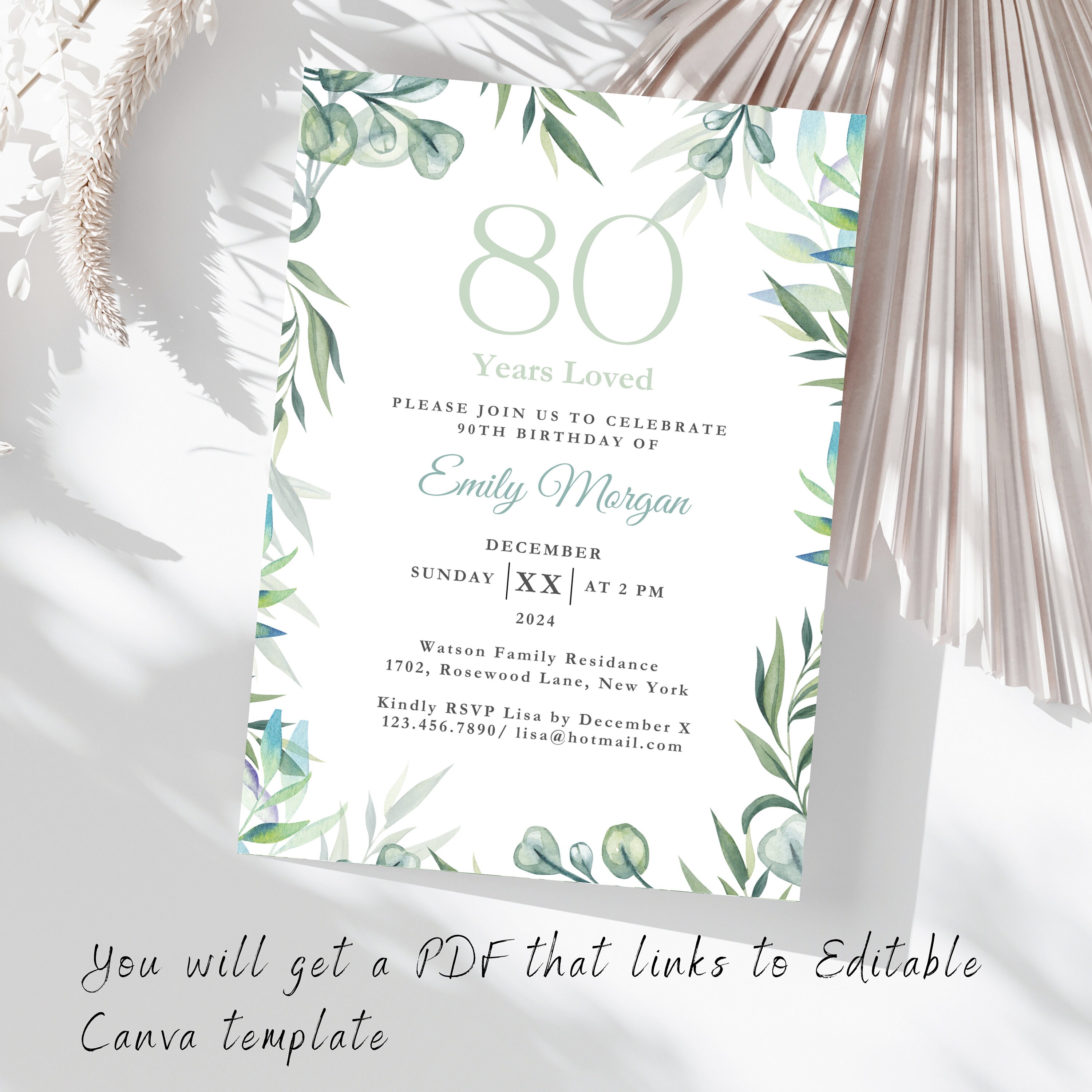 80th Birthday Invitation, Eucalyptus Eightieth Card E-invite 5X7, 80s ...