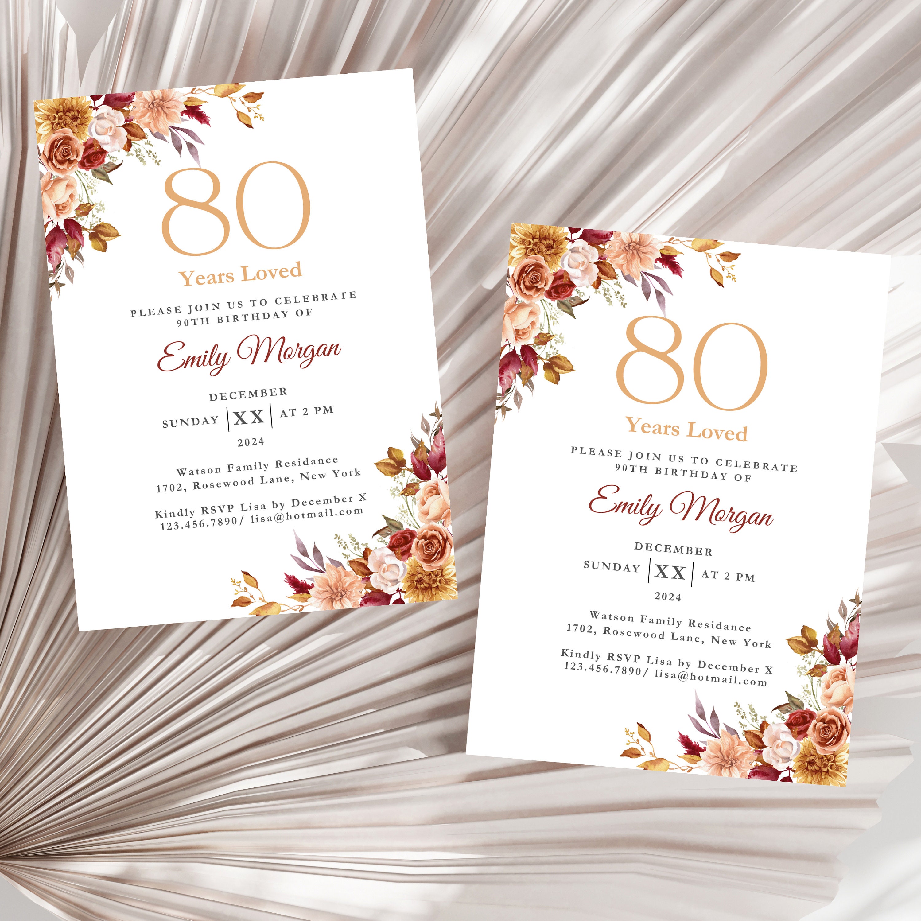 80th Birthday Invitation, Red Floral Eightieth Card E-invite 5X7, 80s ...