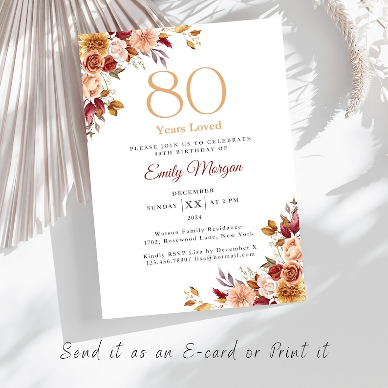 80th Birthday Invitation, Red Floral Eightieth Card E-invite 5X7, 80s ...