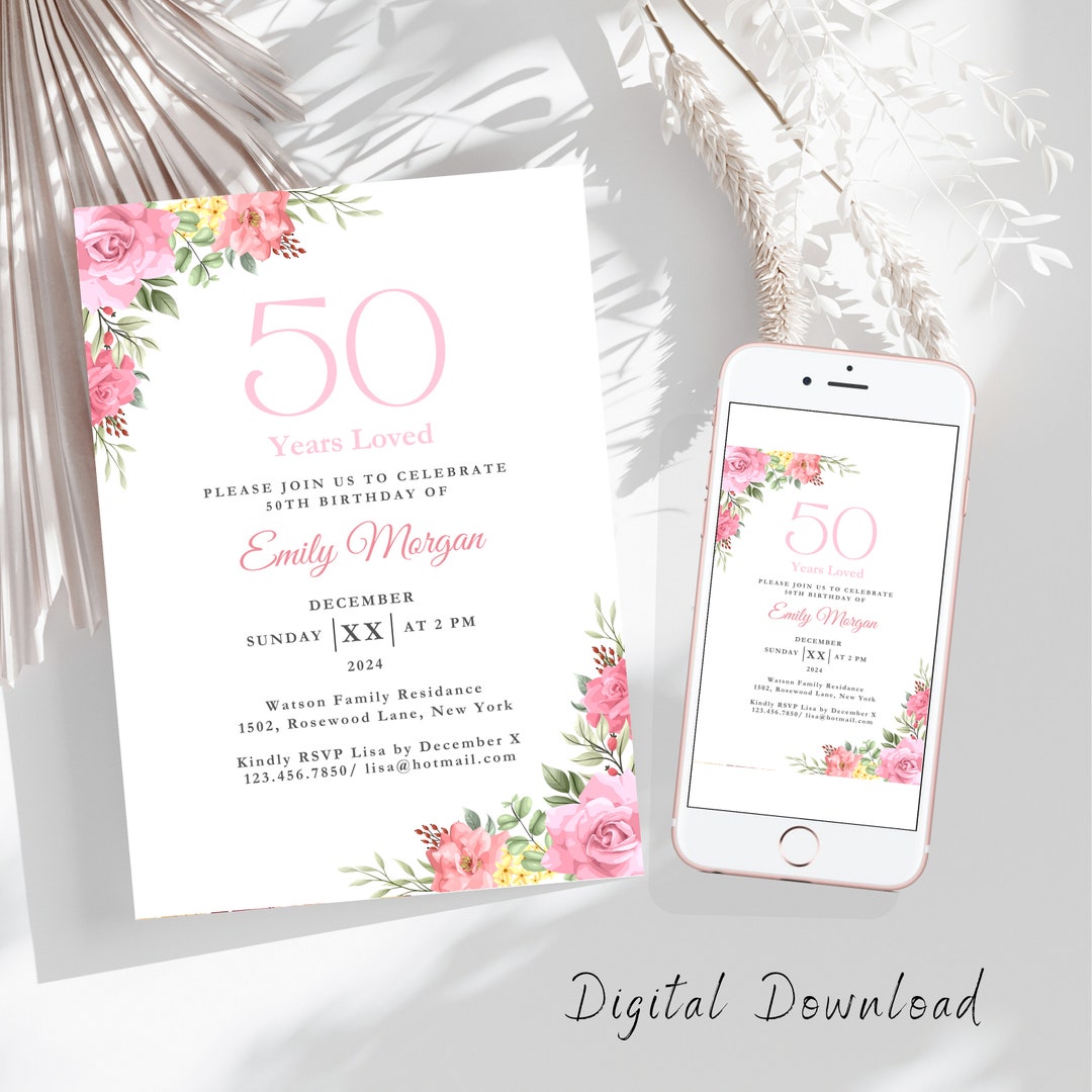 50th Birthday Invitation, Pink Floral Fiftieth Card E-invite 5X7, 50s ...