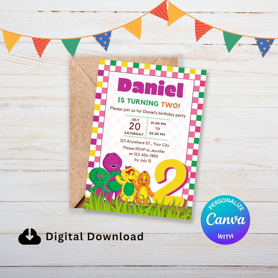 Barney Invitation Purple Dinosaur Second Birthday 5X7 Card DIY Canva ...