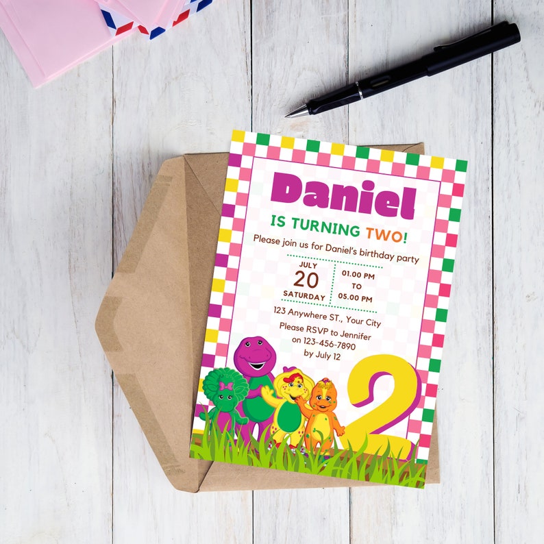 Barney Invitation Purple Dinosaur Second Birthday 5X7 Card DIY Canva ...