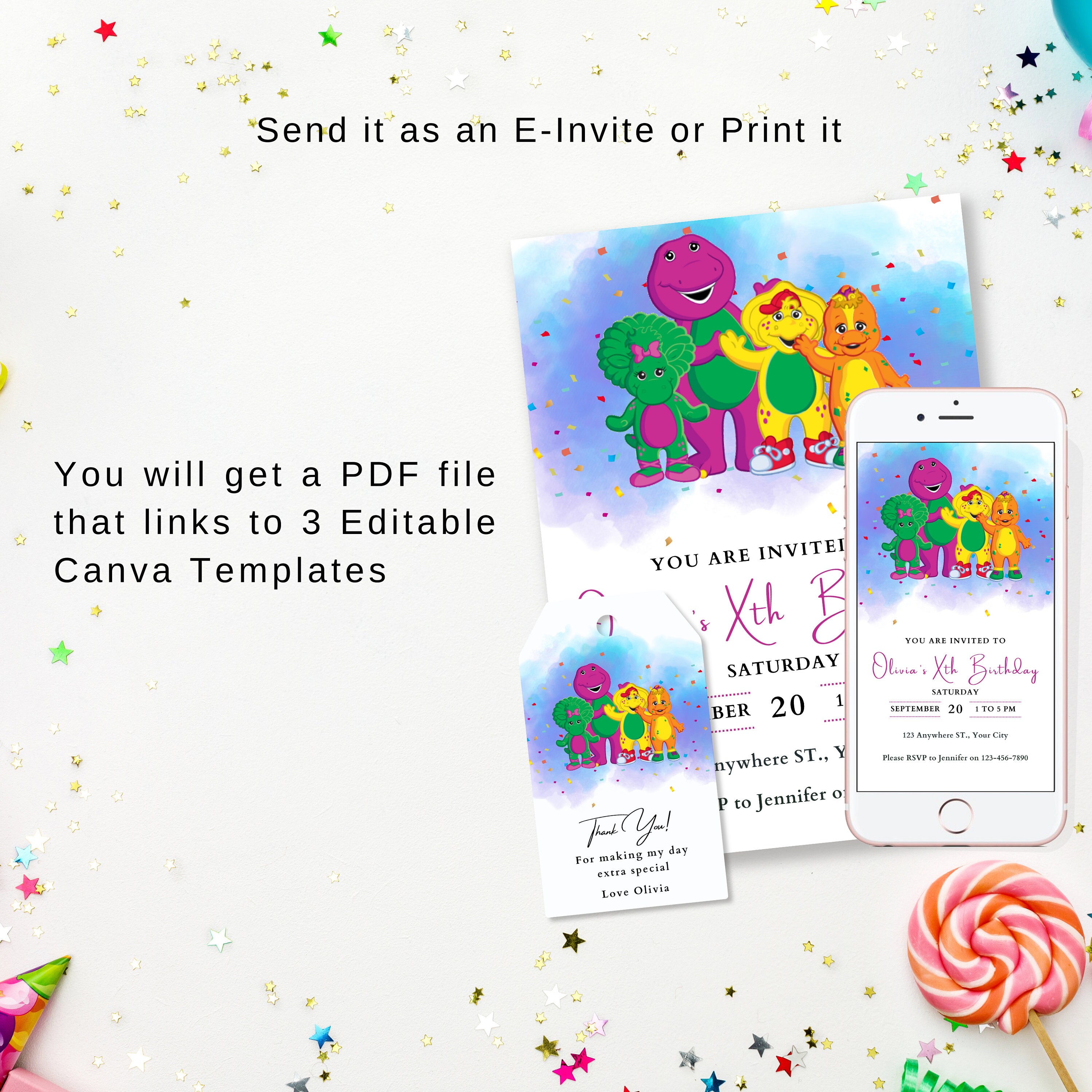 Barney Birthday Invitation, Purple Dinosaur Birthday Card, DIY Canva ...