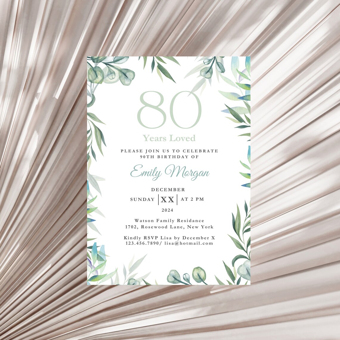 80th Birthday Invitation, Eucalyptus Eightieth Card E-invite 5X7, 80s ...