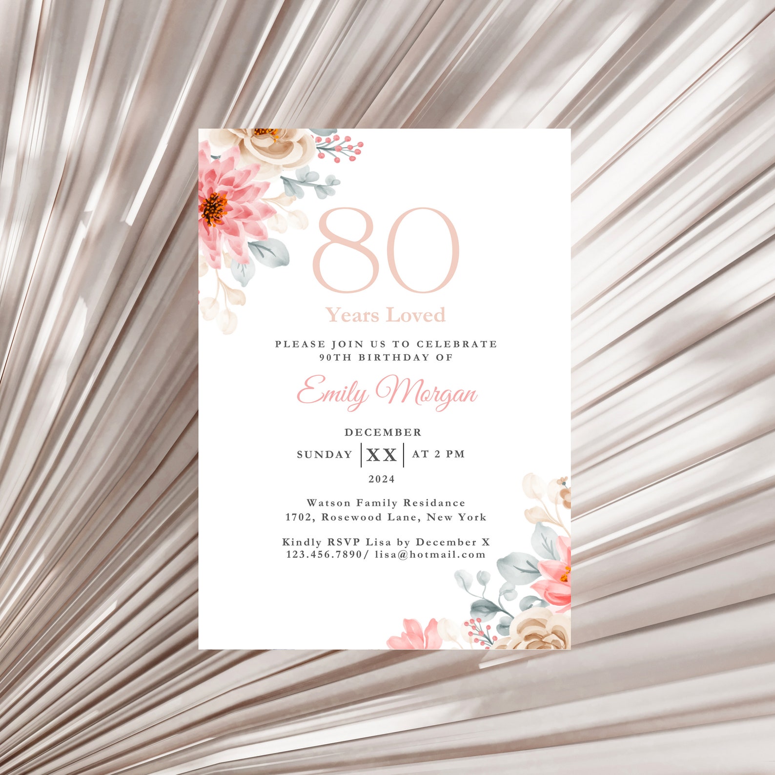 80th Birthday Invitation, Pink Floral Eightieth Card E-invite 5X7, 80 ...
